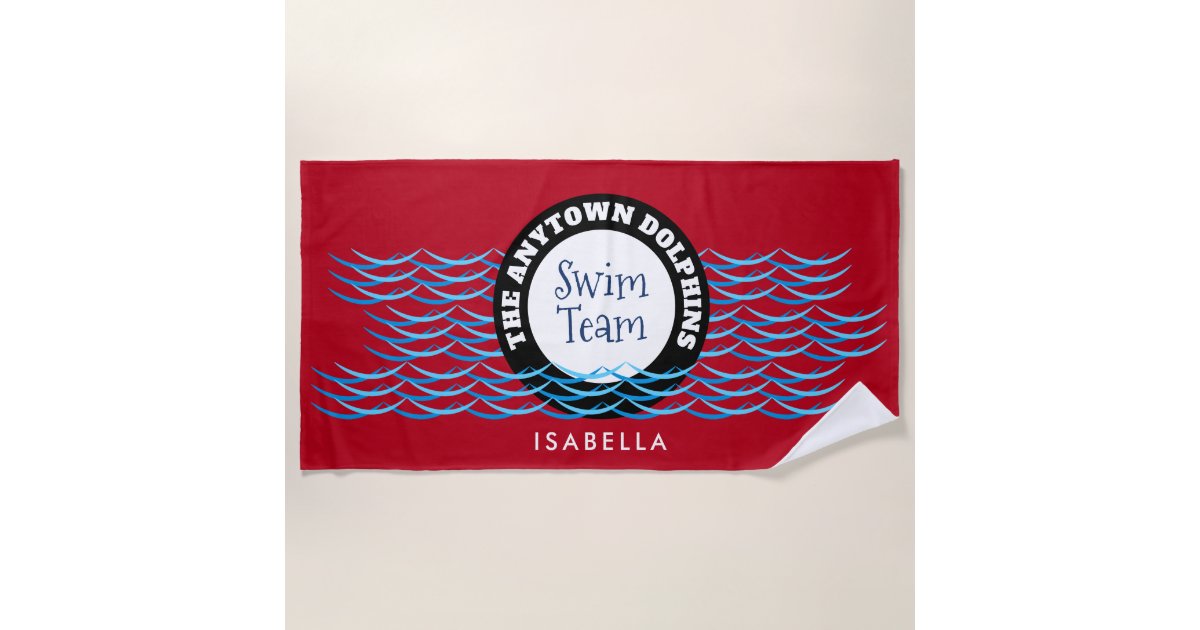 Water Waves Swim Team Personalized Red Beach Towel | Zazzle