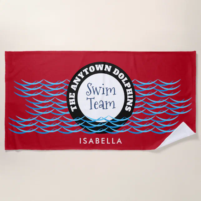 Water Waves Swim Team Personalized Red Beach Towel | Zazzle