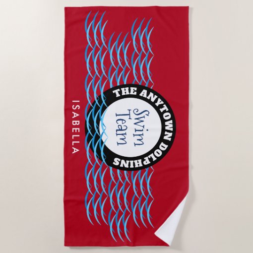 Water Waves Swim Team Personalized Red Beach Towel | Zazzle