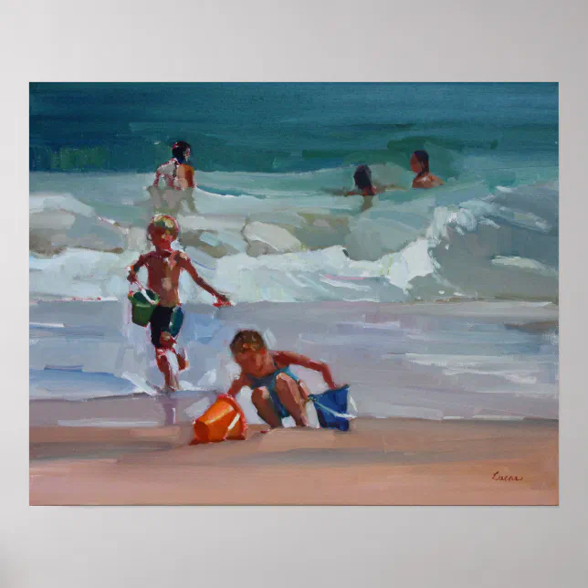 Water Works - Children Playing at the Beach Poster | Zazzle