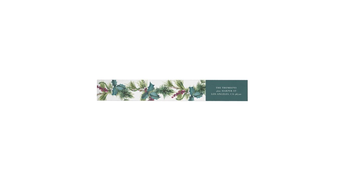 Watercolo Evergreen Leaves and Holly Holidays Wrap Around Label | Zazzle