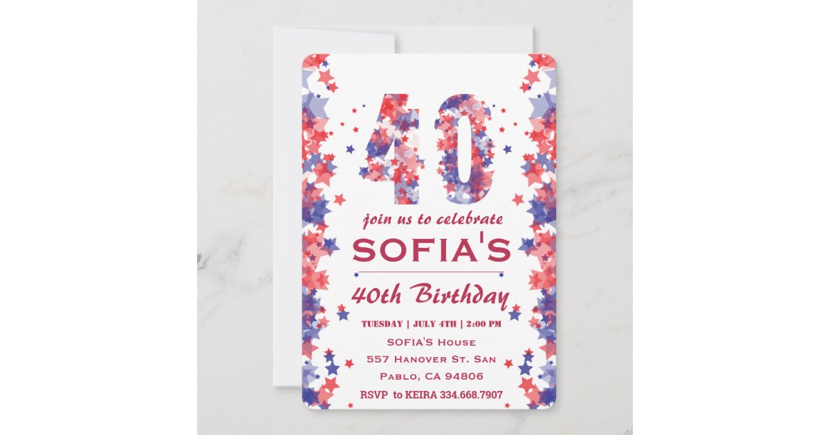 Watercolor 4th July 40th Birthday Party Invitation | Zazzle