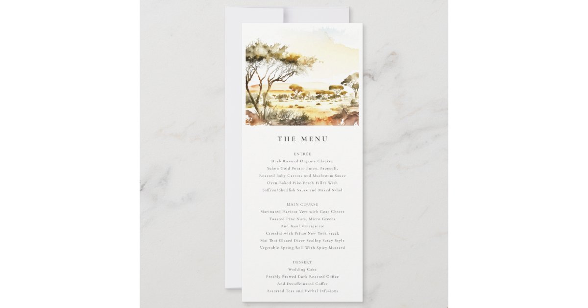 Watercolor African Landscape Wedding Menu Card | Zazzle