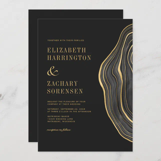 Watercolor Agate Black Gold Wedding Invitation | Zazzle