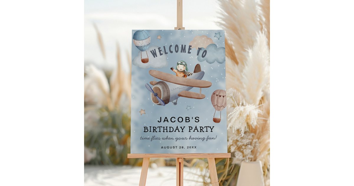 Watercolor Airplane Boy Birthday Party Welcome Foam Board | Zazzle