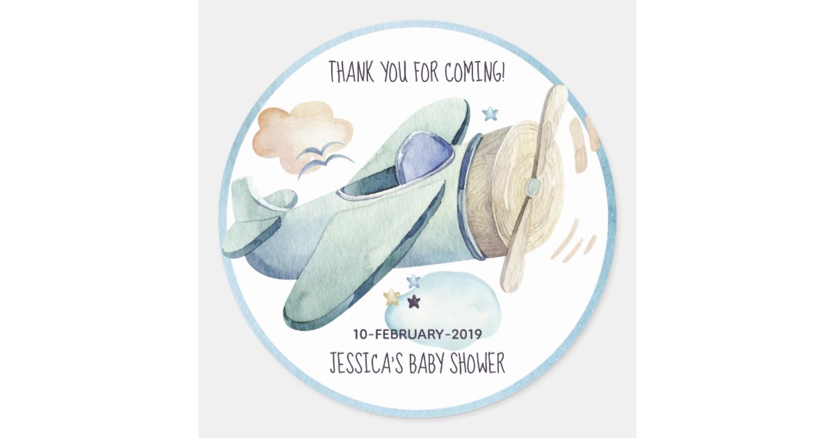 Watercolor Airplane Party Blue Classic Round Sticker | Zazzle