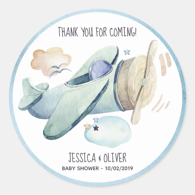 Watercolor Airplane Party in Blue Classic Round Sticker | Zazzle