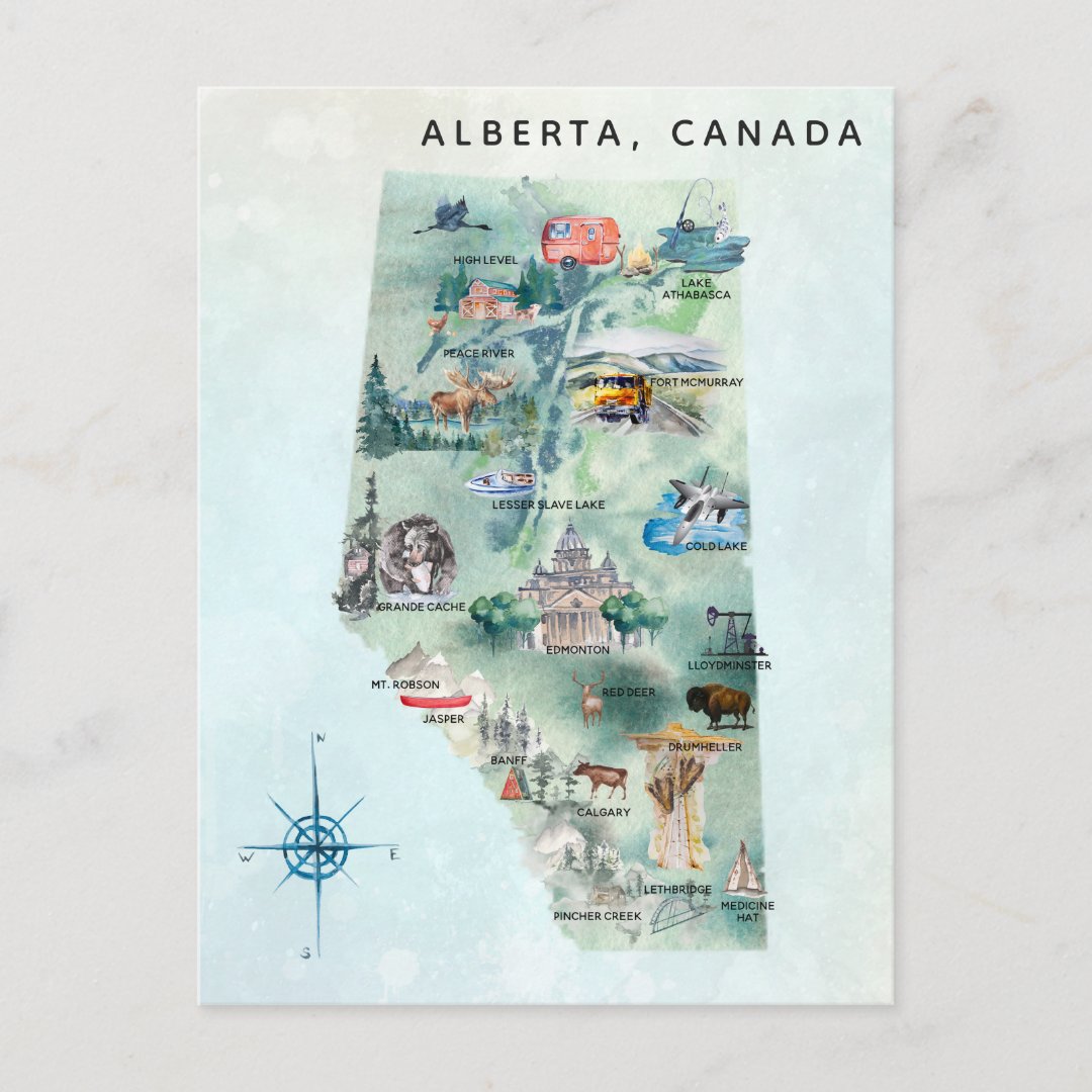 Watercolor Alberta Canada Illustrated Map Art Postcard | Zazzle