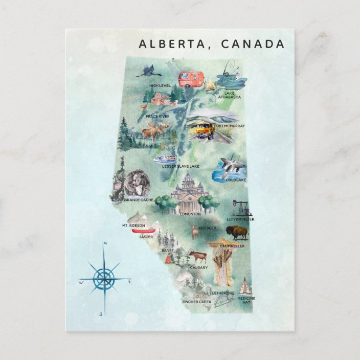 Watercolor Alberta Canada Illustrated Map Art Postcard | Zazzle.com