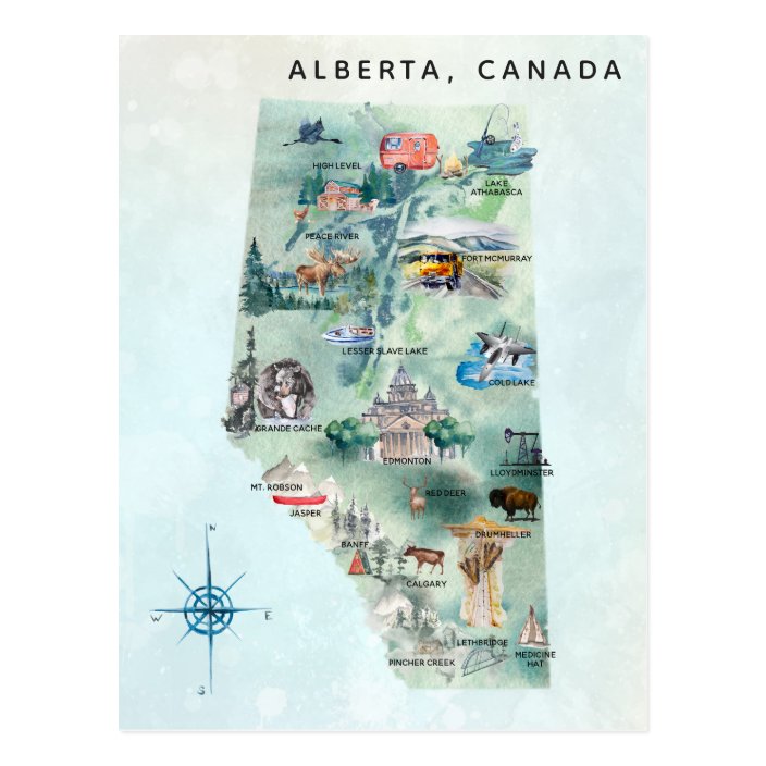 Watercolor Alberta Canada Illustrated Map Art Postcard | Zazzle.com