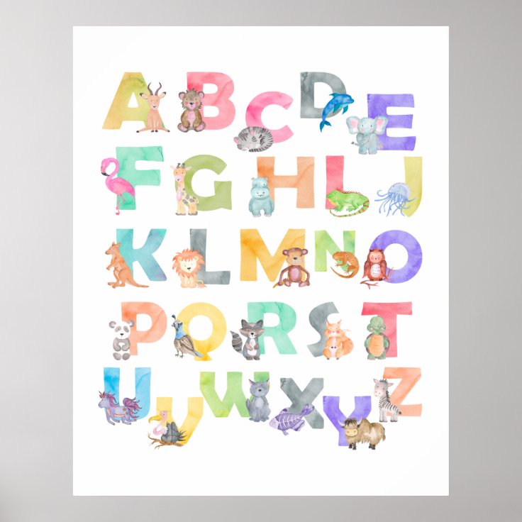 Watercolor Alphabet Animals Poster | Zazzle