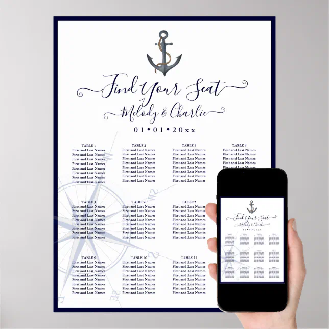 WATERCOLOR ANCHOR NAVY NAUTICAL SEATING CHART | Zazzle