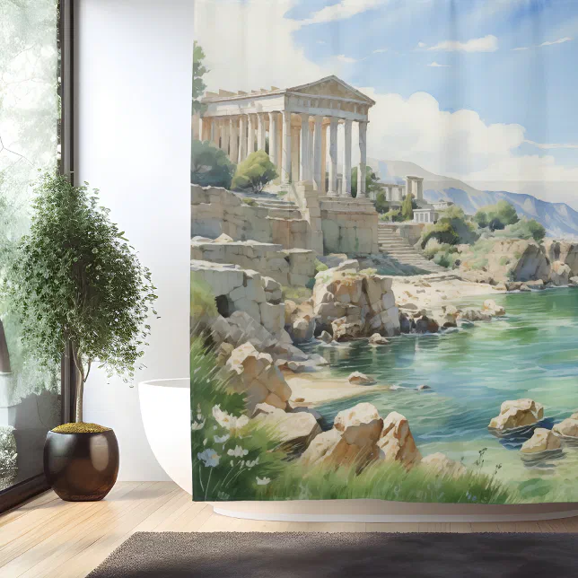 Watercolor Ancient Greek Coastal Ruins Shower Curtain | Zazzle
