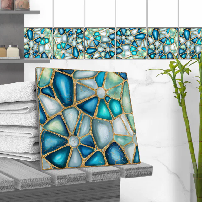 Watercolor and gold cells - ocean ceramic tile | Zazzle