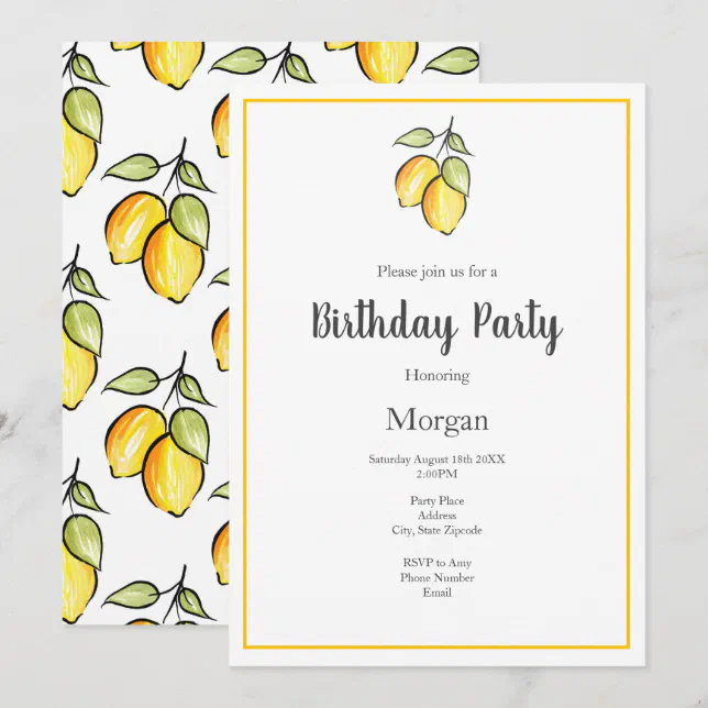 Watercolor and Ink Lemons and Pattern Invitation | Zazzle