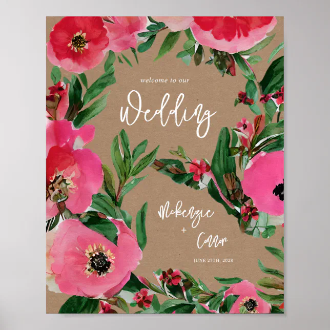 Watercolor Anemone Cardstock Wedding Welcome Poster | Zazzle