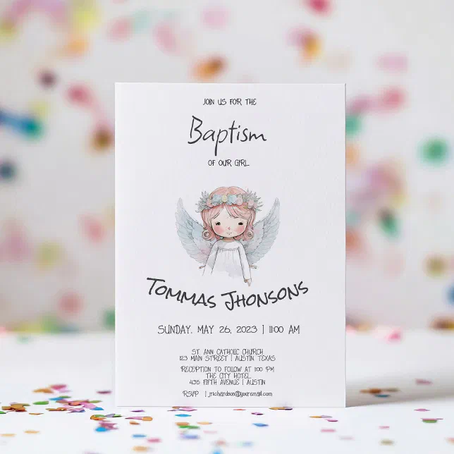 Watercolor Angel Baby Baptism Invitation | Zazzle