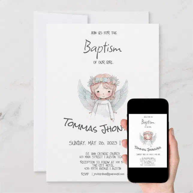 Watercolor Angel Baby Baptism Invitation | Zazzle