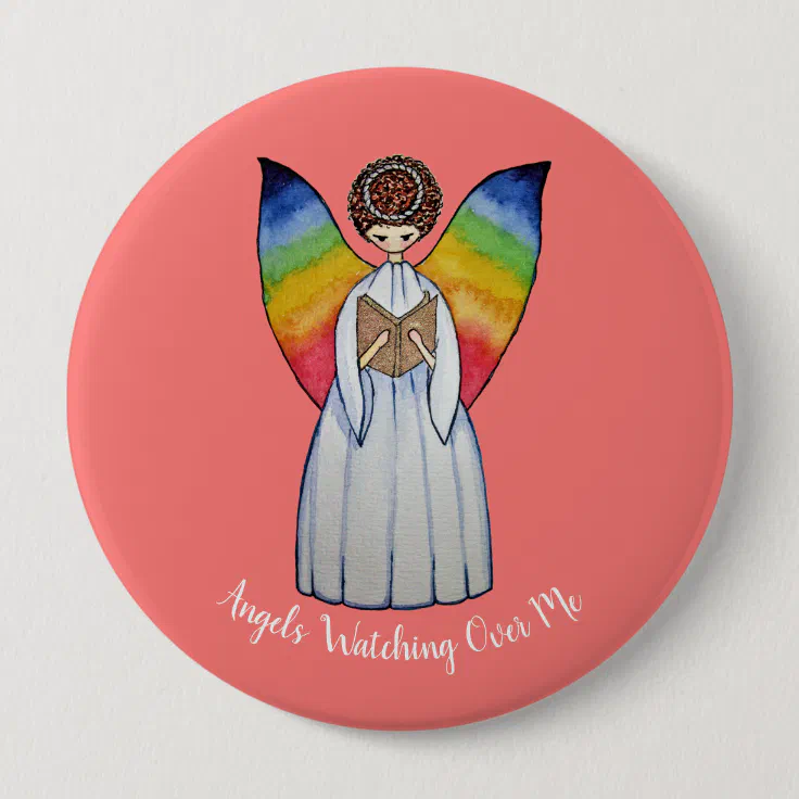 Watercolor Angel With Rainbow Wings Reading A Book Pinback Button | Zazzle