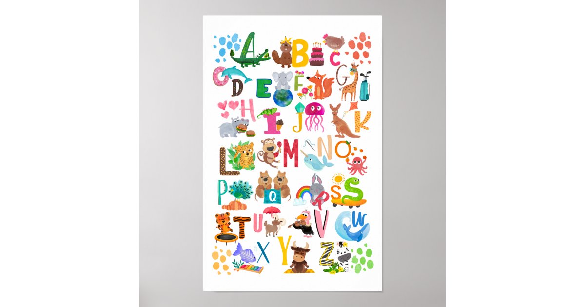 Watercolor Animal Alphabet Adorable Educational Poster | Zazzle