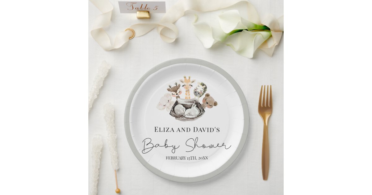 Watercolor Animals Faux Modern Gold Baby Shower Paper Plates | Zazzle