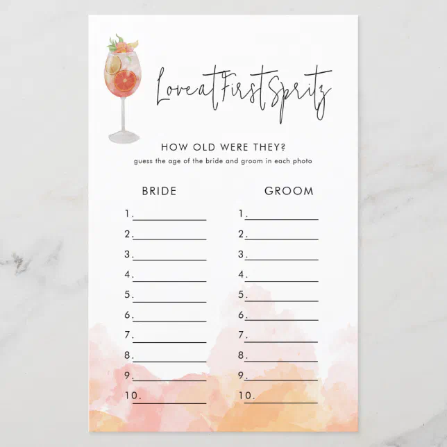 Watercolor Aperol Spritz Bridal Shower Game | Zazzle