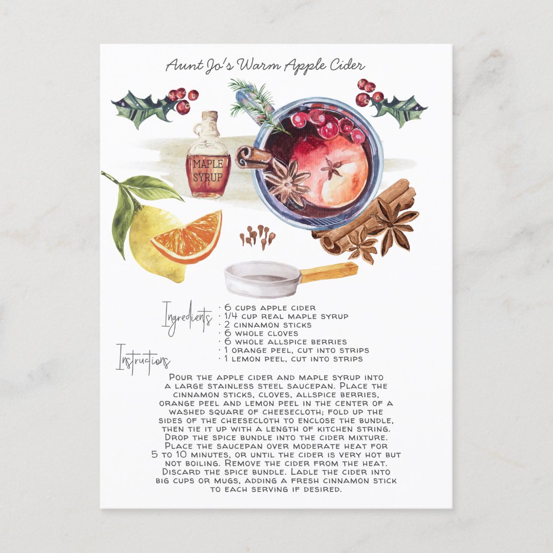 Watercolor Apple Cider Recipe | Holiday Card | Zazzle