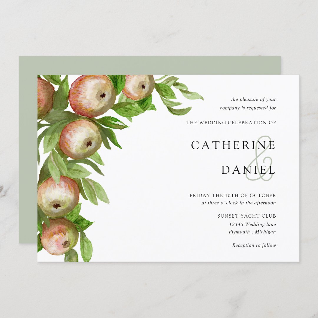 Watercolor apples with leaves horizontal wedding invitation | Zazzle