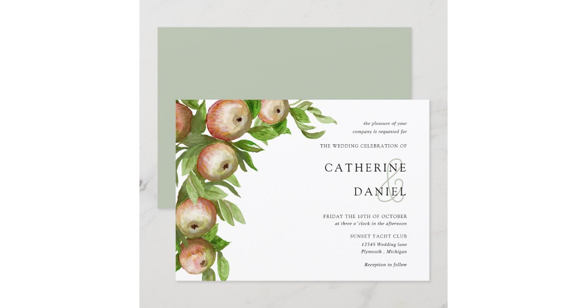 Watercolor apples with leaves horizontal wedding invitation | Zazzle