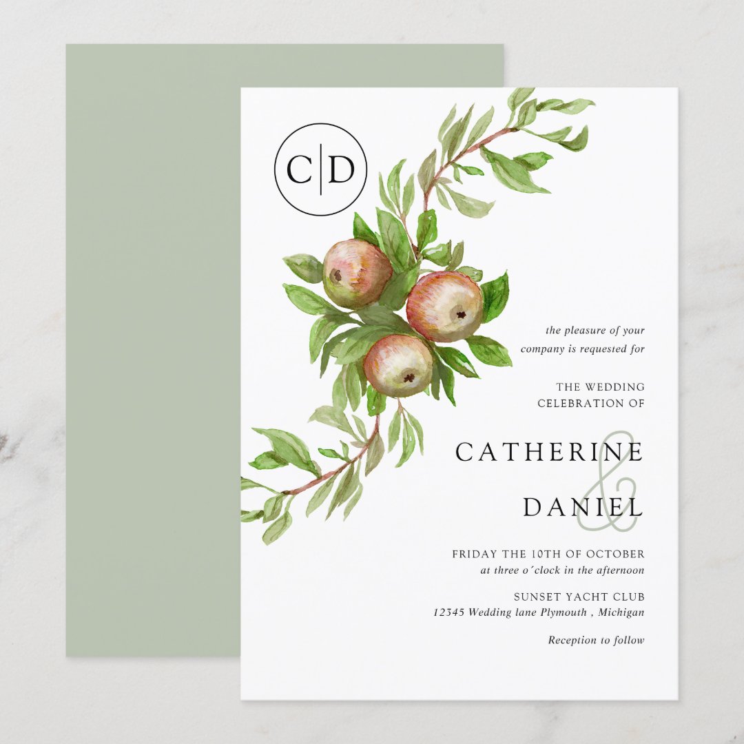 Watercolor apples with monogram wedding invitation | Zazzle