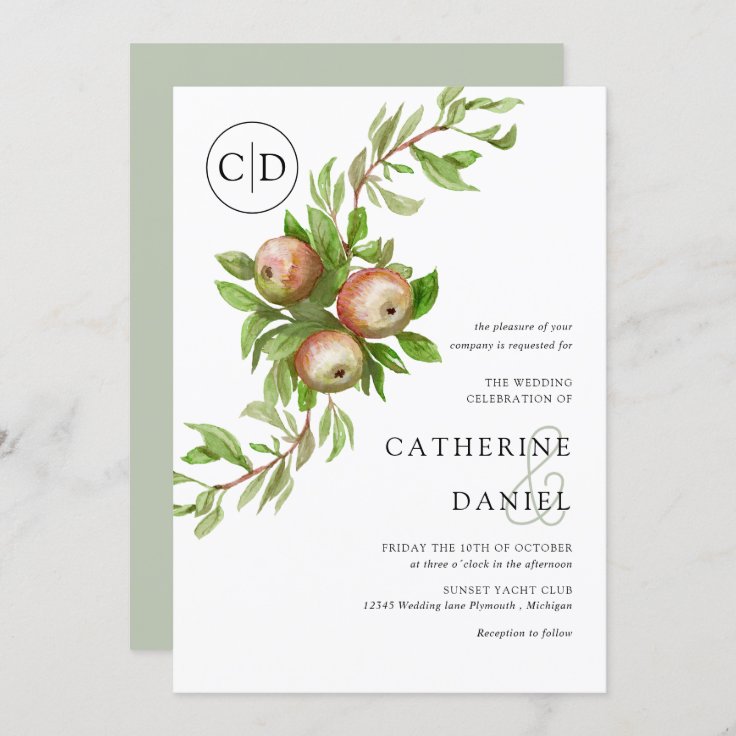 Watercolor apples with monogram wedding invitation | Zazzle