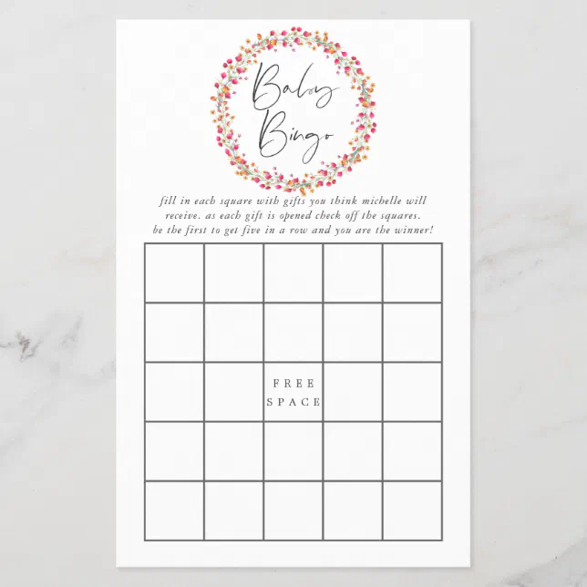 Watercolor Aquarelle Wild Flower Baby Shower Bingo | Zazzle