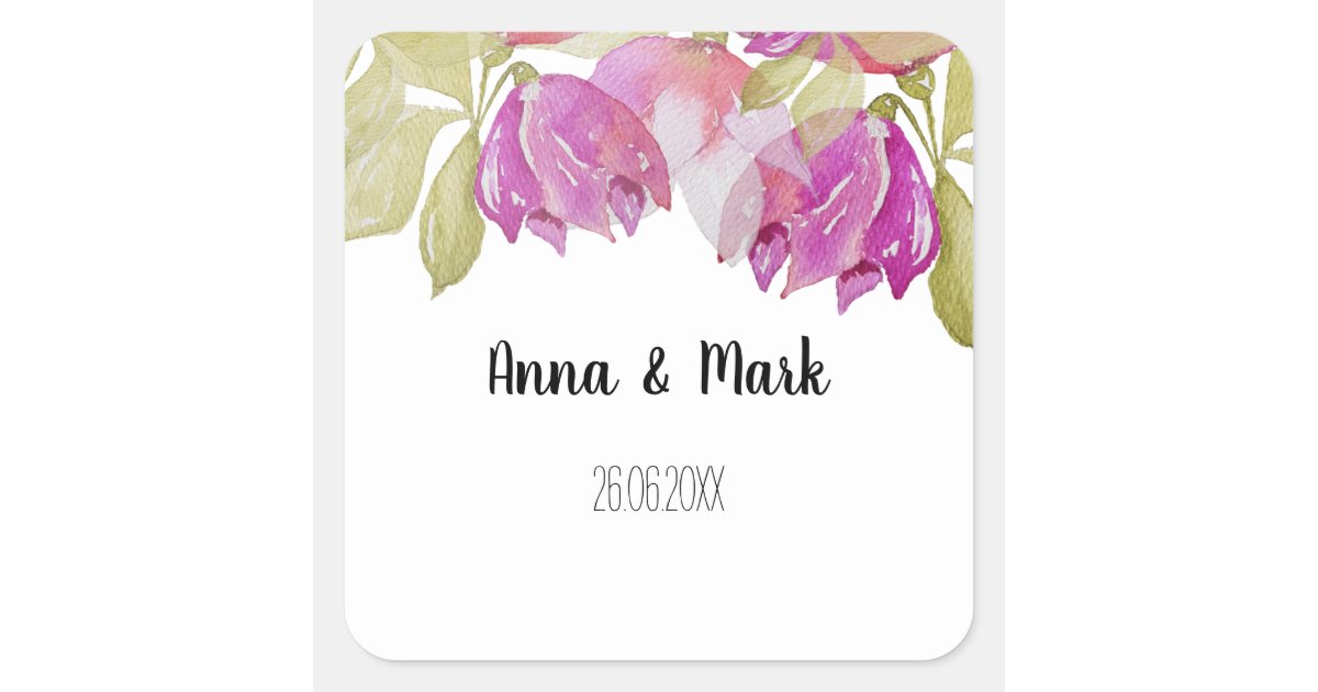 Watercolor Art Pink Flowers Monogrammed Square Sticker | Zazzle