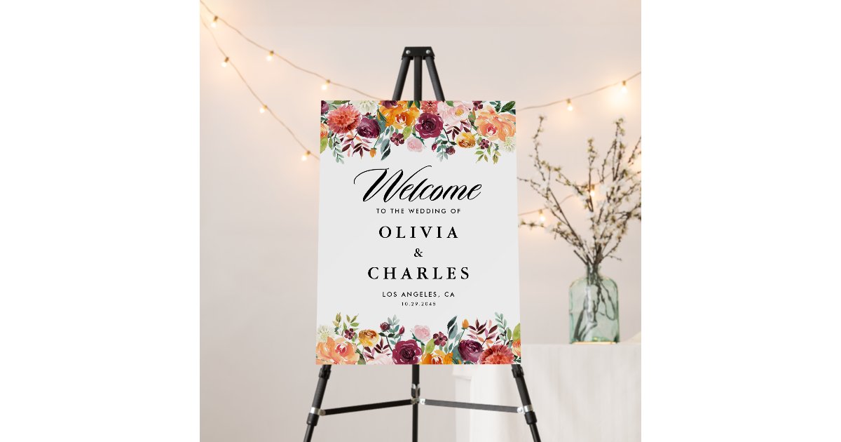 Watercolor Autumn Blooms Fall Wedding Welcome Foam Board | Zazzle