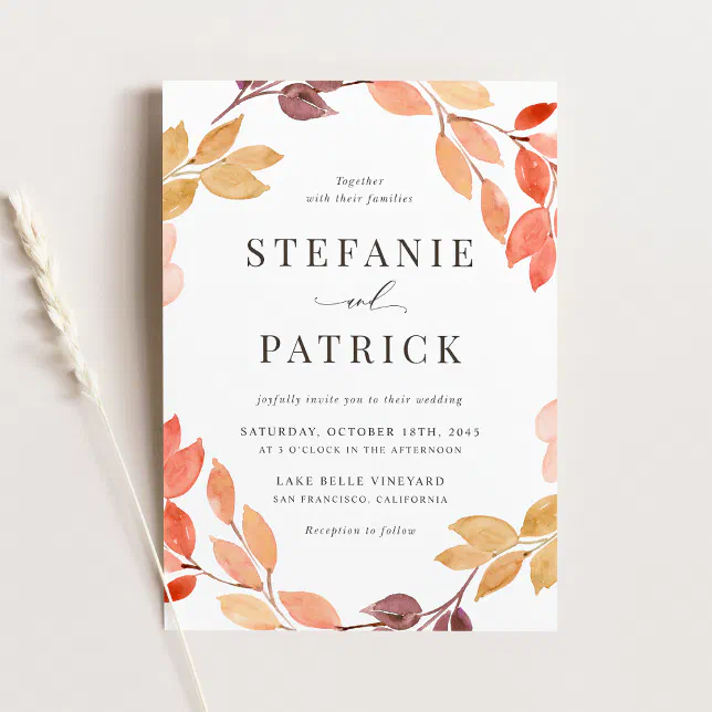 Watercolor Autumn Foliage Wreath Fall Wedding Invitation | Zazzle