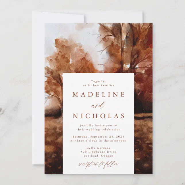 Watercolor Autumn Landscape Fall Wedding Invitation | Zazzle