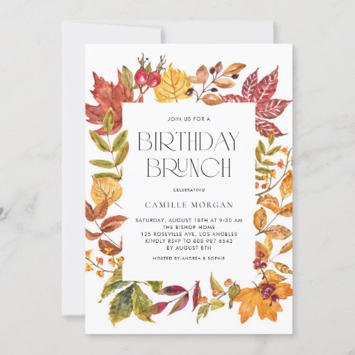 Watercolor Autumn Leaves Frame Birthday Brunch Invitation | Zazzle