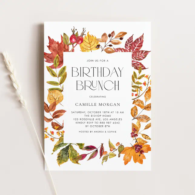 Watercolor Autumn Leaves Frame Birthday Brunch Invitation | Zazzle