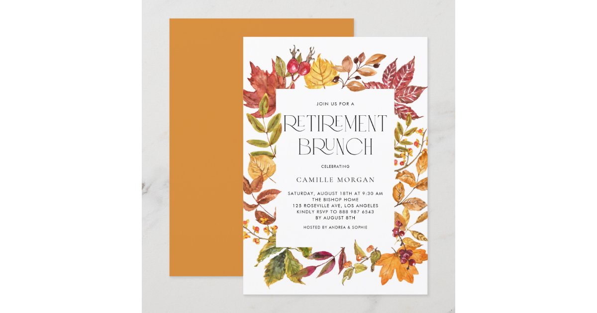 Watercolor Autumn Leaves Frame Retirement Brunch Invitation | Zazzle