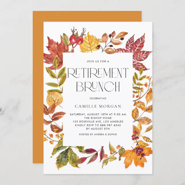 Watercolor Autumn Leaves Frame Retirement Brunch Invitation | Zazzle