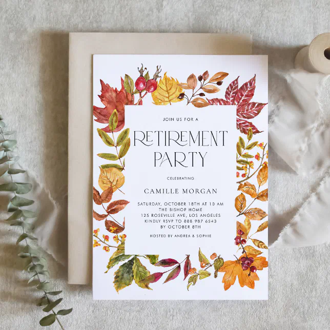 Watercolor Autumn Leaves Frame Retirement Party Invitation | Zazzle