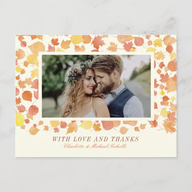 Watercolor Autumn Leaves Photo Thank You Postcard | Zazzle