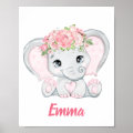 Watercolor Baby Elephant Pink Floral Girl Nursery Poster | Zazzle