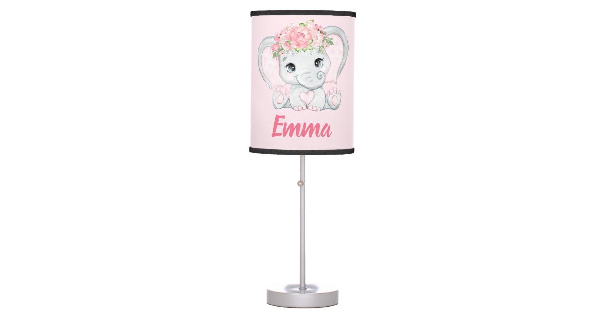 Watercolor Baby Elephant Pink Floral Girl Nursery Table Lamp | Zazzle