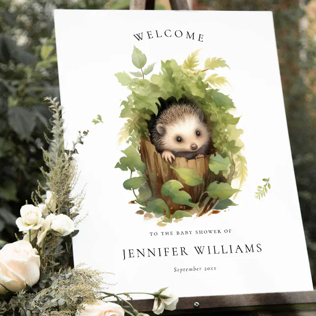 Watercolor Baby Hedgehog Greenery Welcome Sign | Zazzle