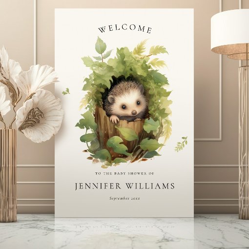 Watercolor Baby Hedgehog Greenery Welcome Sign | Zazzle