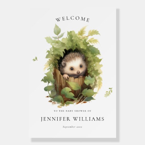 Watercolor Baby Hedgehog Greenery Welcome Sign | Zazzle