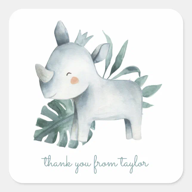 Watercolor Baby Rhinoceros Birthday Thank You Square Sticker | Zazzle