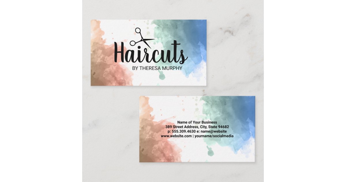 Watercolor Background | Scissors | Haircut Business Card | Zazzle