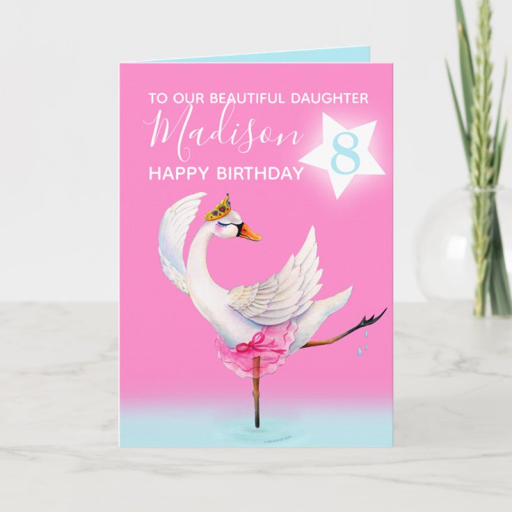 Watercolor ballet swan daughter 8th birthday card | Zazzle